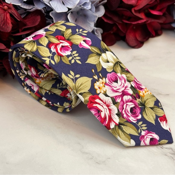 Accessories | Handmade Navy Blue And Pink Floral Cotton Skinny Tie ...